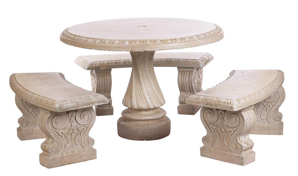 Round Concrete Table Set – Outdoor Patio Dining Set With 3 Curved ...