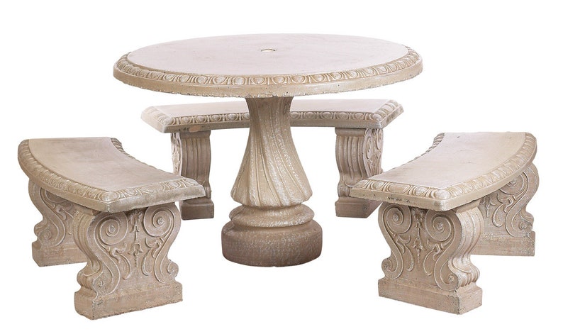 Round Concrete Table Set – Outdoor Patio Dining Set With 3 Curved ...