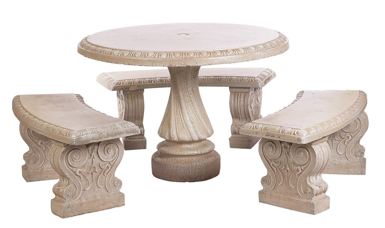 Round Concrete Table Set – Outdoor Patio Dining Set With 3 Curved ...