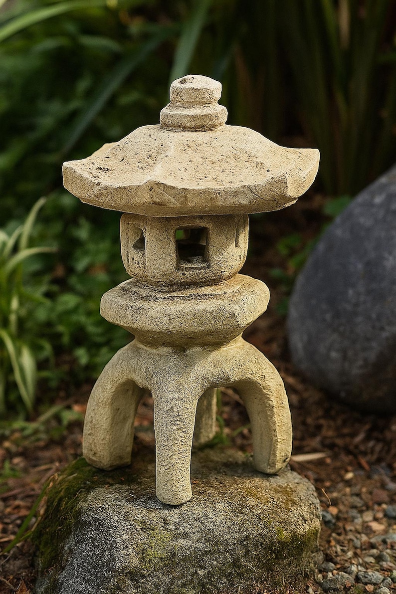 Solid Rock Stoneworks Japanese Stone Lantern, 2 Piece Concrete Pagoda Statue, 17” Garden Lantern ...