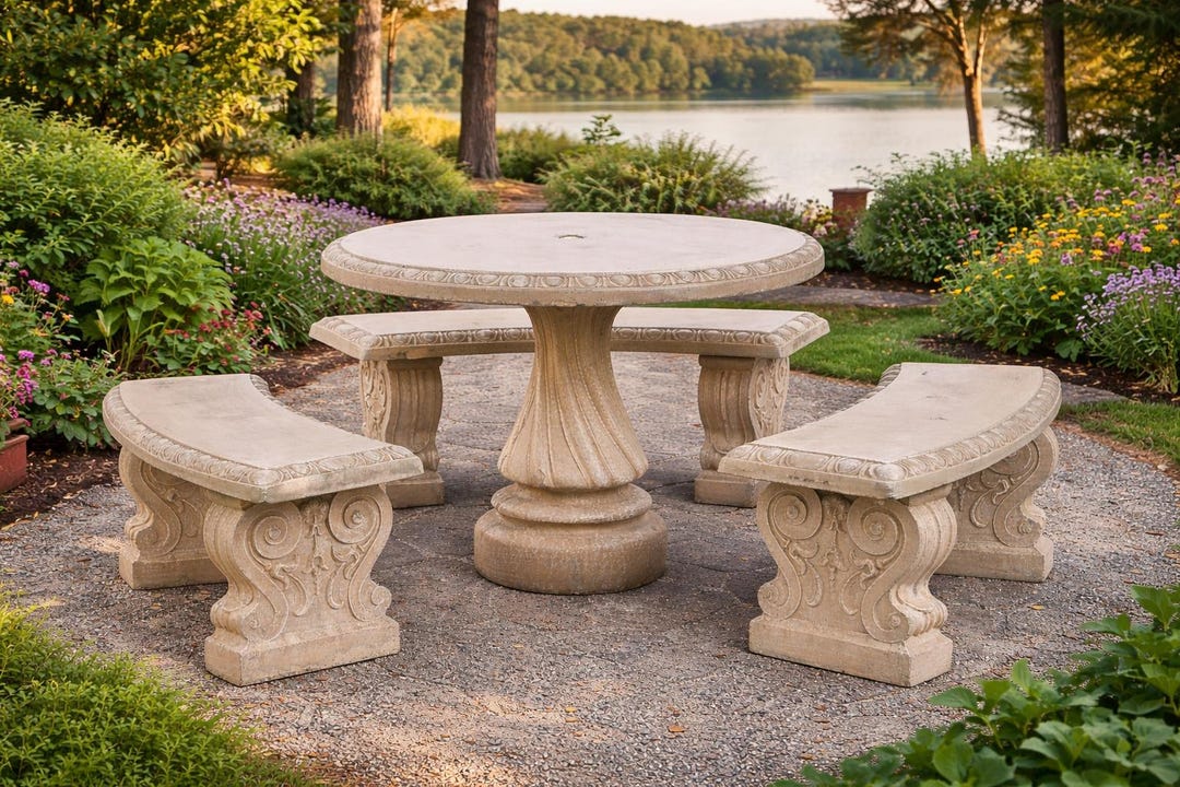 Round Concrete Table Set – Outdoor Patio Dining Set With 3 Curved ...