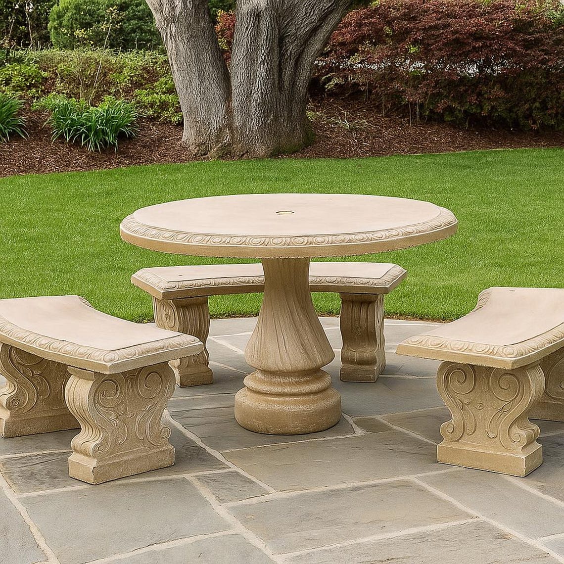 Round Concrete Table Set – Outdoor Patio Dining Set With 3 Curved ...