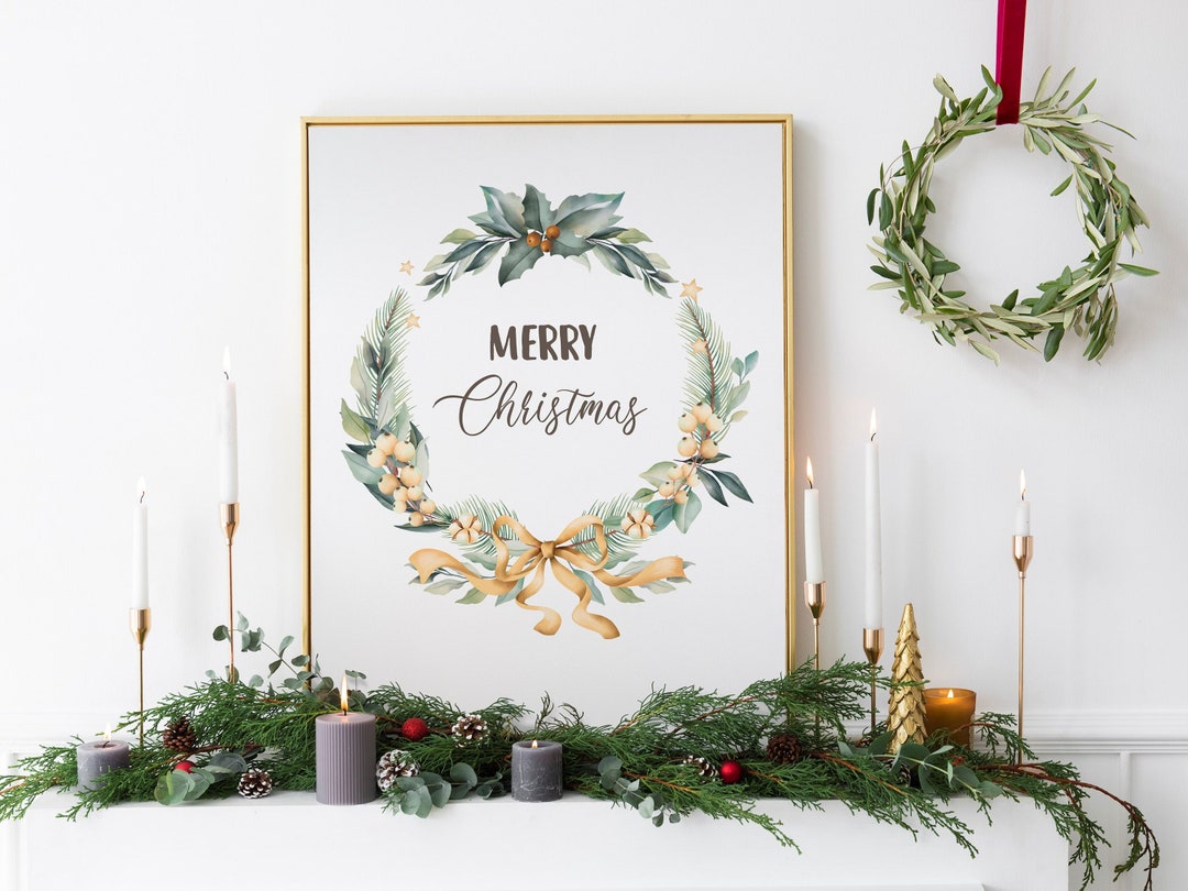 Watercolor Christmas Wreath, Printable Christmas Painting Home Decor ...