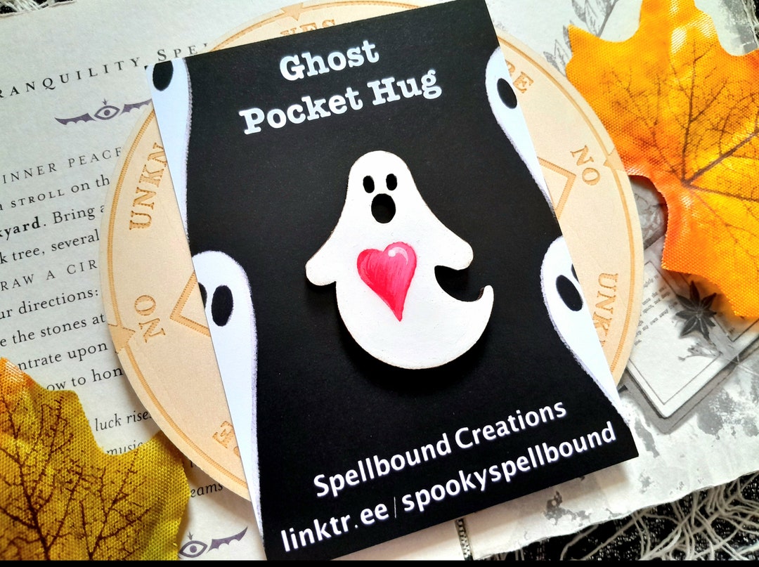Ghost Pocket Hug, Handpainted Wooden Ghost With Red Heart, Spooky ...