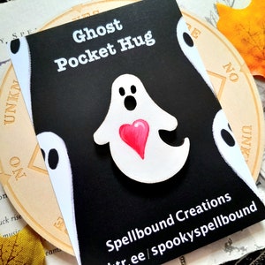 Ghost Pocket Hug, Handpainted Wooden Ghost With Red Heart, Spooky ...