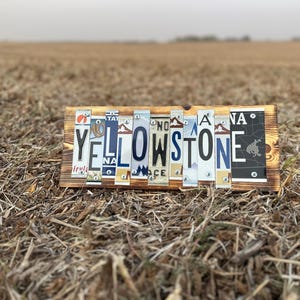 Yellowstone License Plate Sign: Recycled Metal Art on Burnt Wood - Etsy