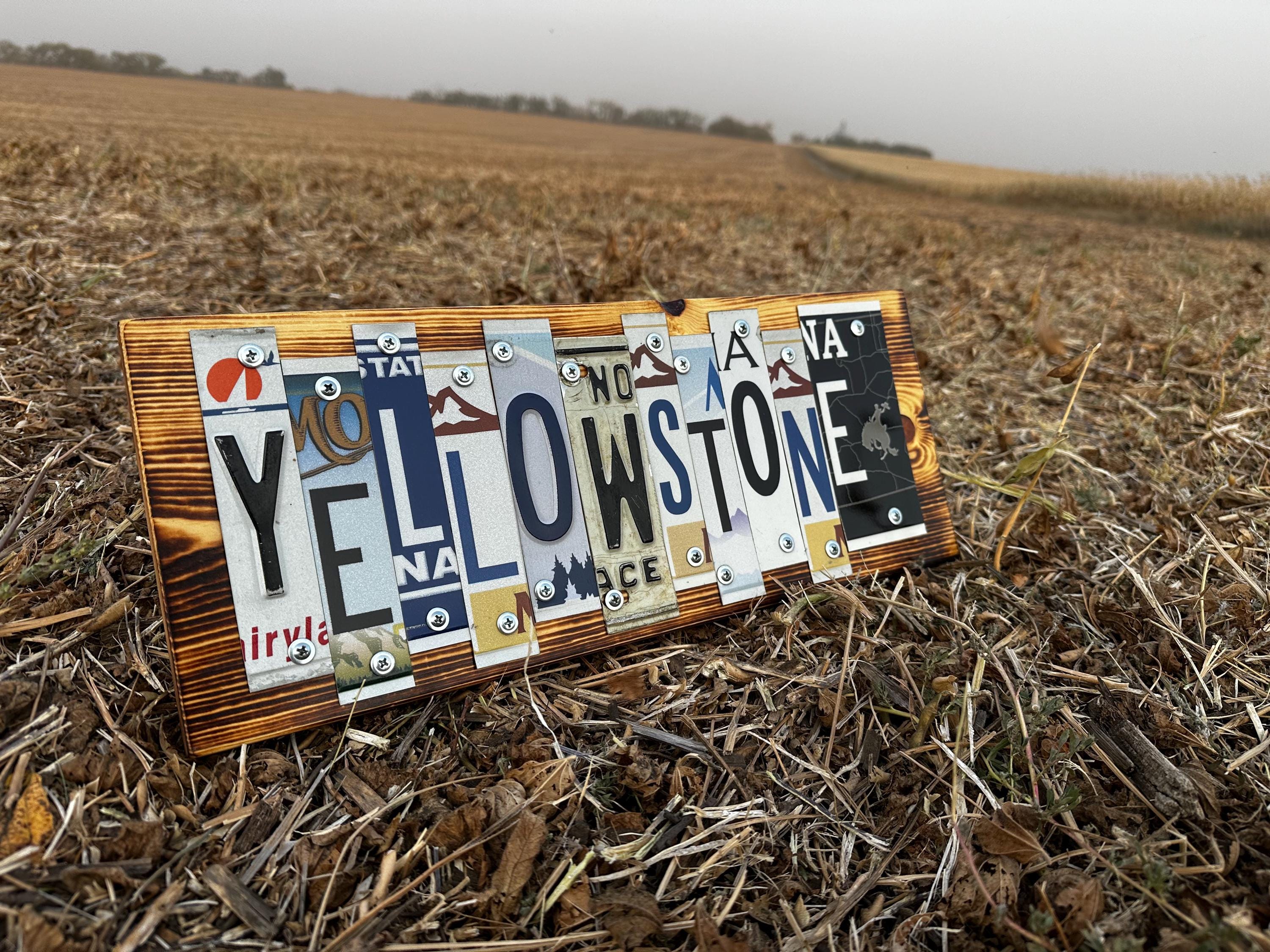 Yellowstone License Plate Sign: Recycled Metal Art on Burnt Wood - Etsy