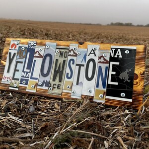 Yellowstone License Plate Sign: Recycled Metal Art on Burnt Wood - Etsy