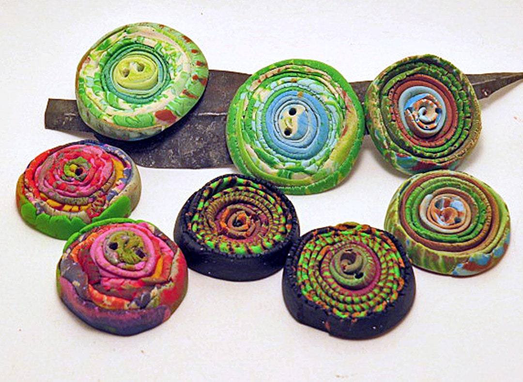 Tribal Buttons. Large Round Multi-coloured Spiral Buttons. Unique Hand ...