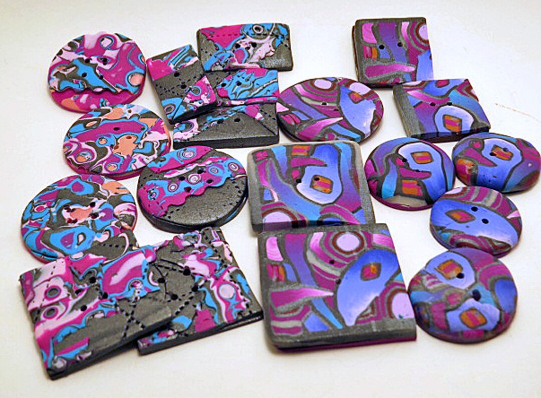 Handmade Art Deco Style Buttons: Round & Square, Pink Blue Purple ...