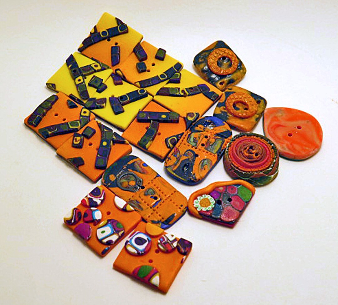 Buttons. Square and Odd Shaped Buttons Made With an Orange and Blue Theme. Unique, Decorative ...