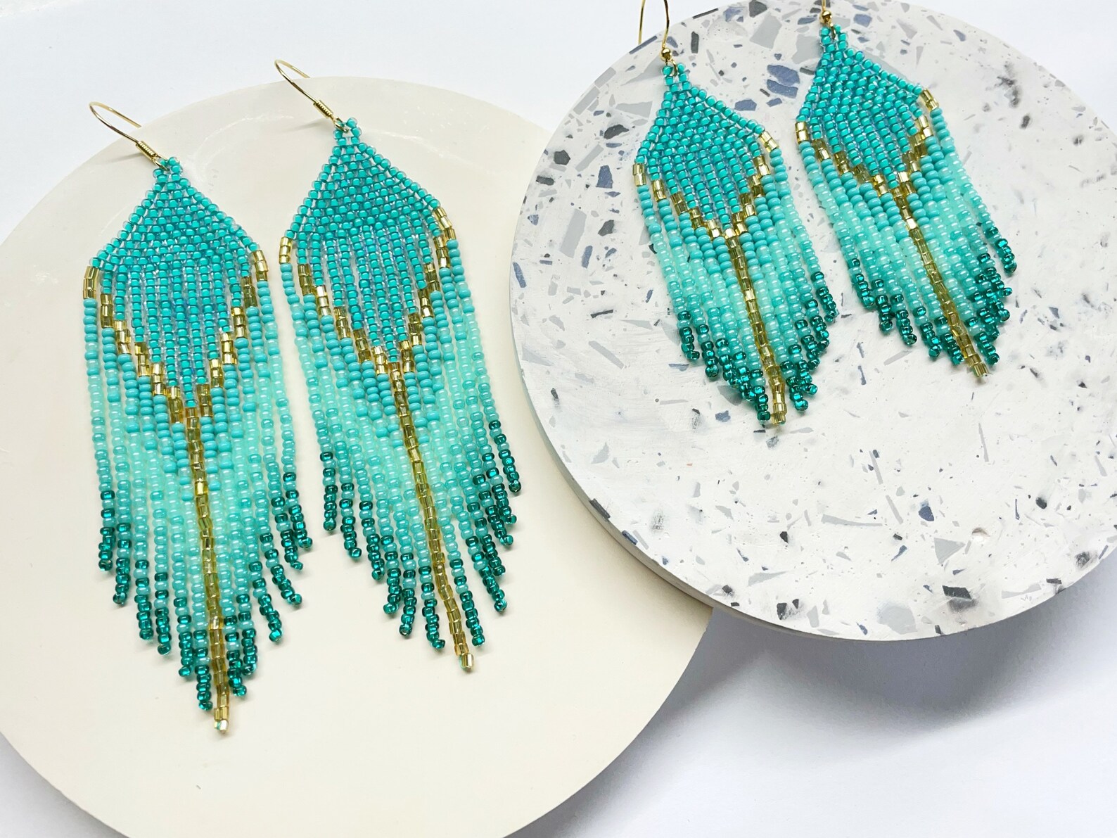 Turquoise fringe earrings Long beaded earrings Seed bead | Etsy
