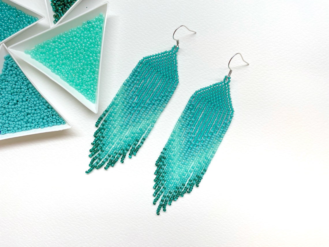 Turquoise Beaded Earrings Long Fringe Earrings Dangle Earrings - Etsy