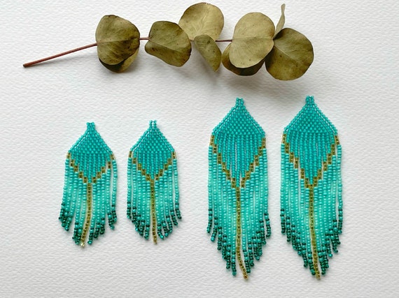 Turquoise Beaded Earrings Long Fringe Earrings Dangle Earrings - Etsy