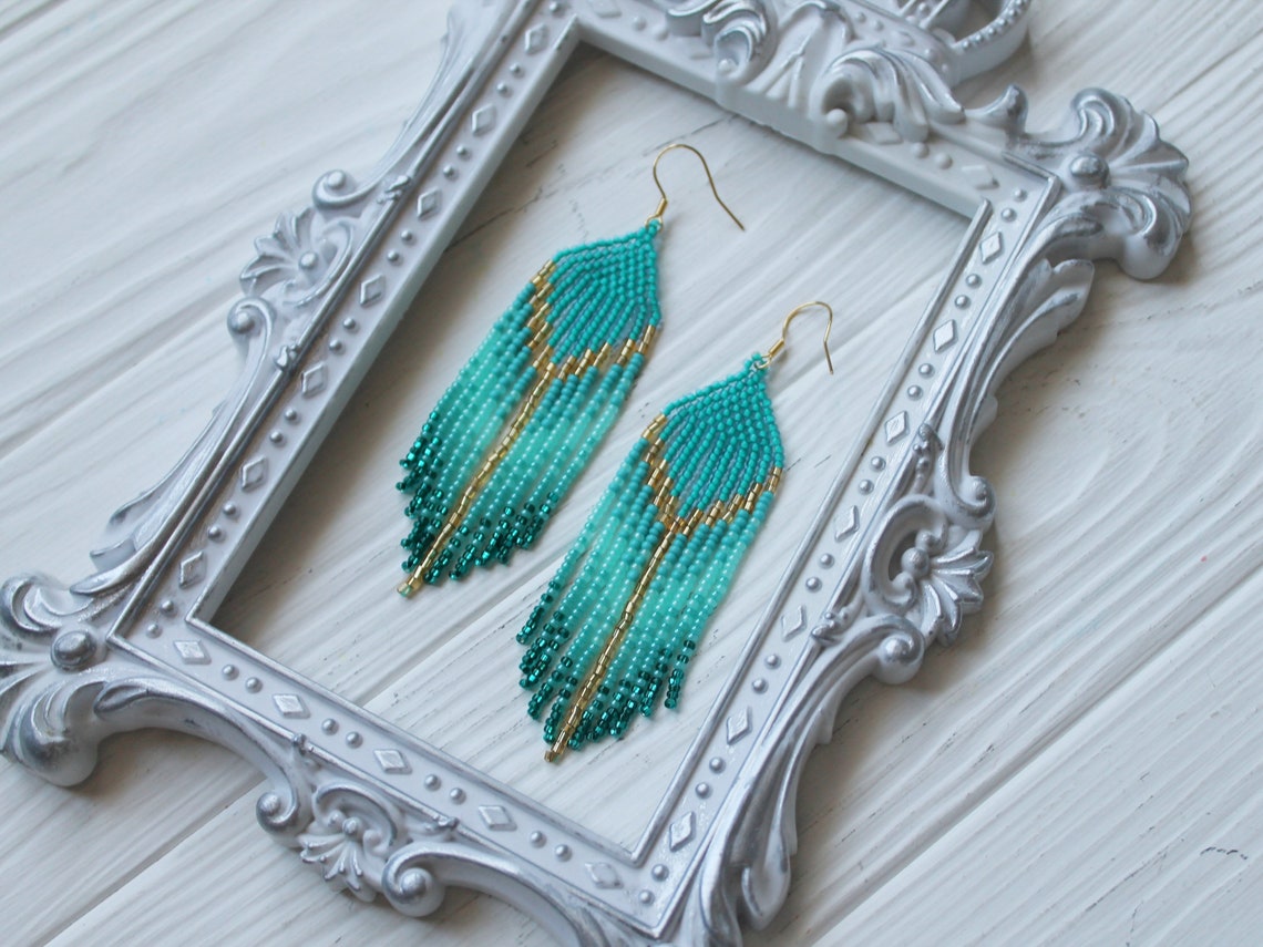 Turquoise fringe earrings Long beaded earrings Seed bead | Etsy