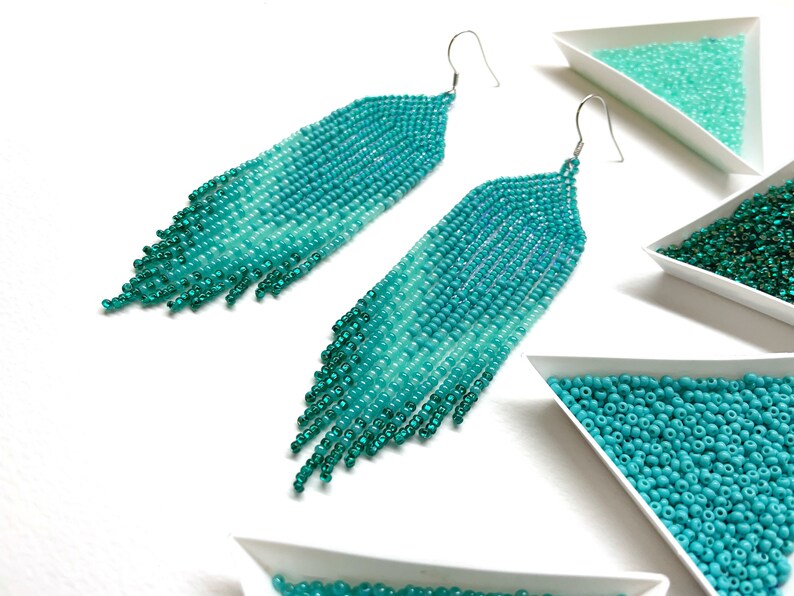Turquoise Beaded Earrings Long Fringe Earrings Dangle Earrings | Etsy