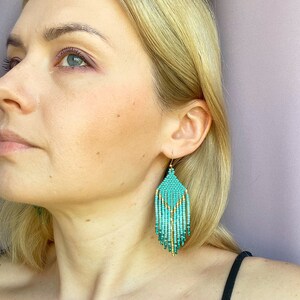 Turquoise Fringe Earrings - Long Beaded Earrings - Seed Bead Earrings ...