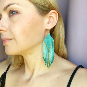 Turquoise Fringe Earrings - Long Beaded Earrings - Seed Bead Earrings ...