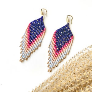 Navy Blue Beaded Earrings - Fringe Earrings - Ombre Long Dangle ...
