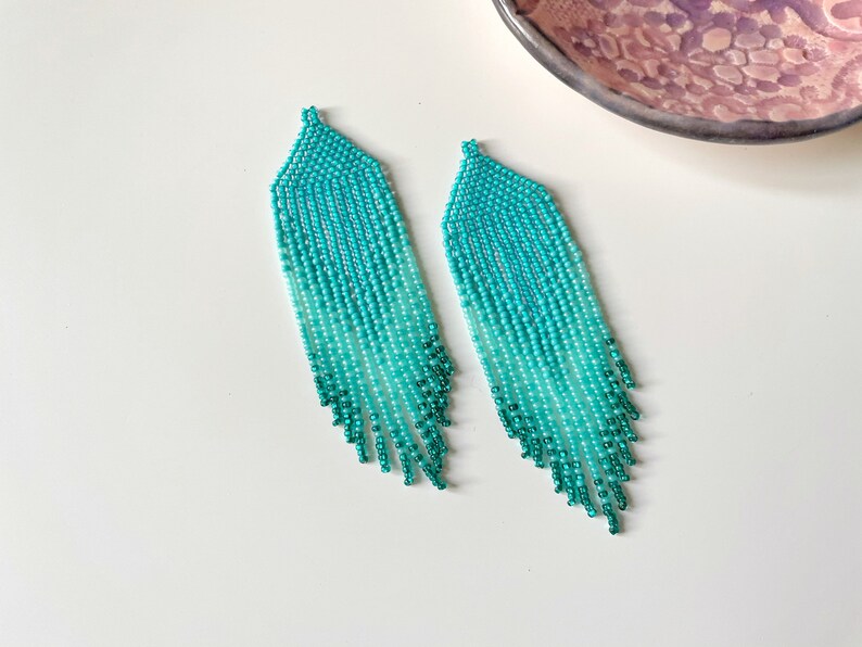 Turquoise Beaded Earrings Long Fringe Earrings Dangle Earrings - Etsy
