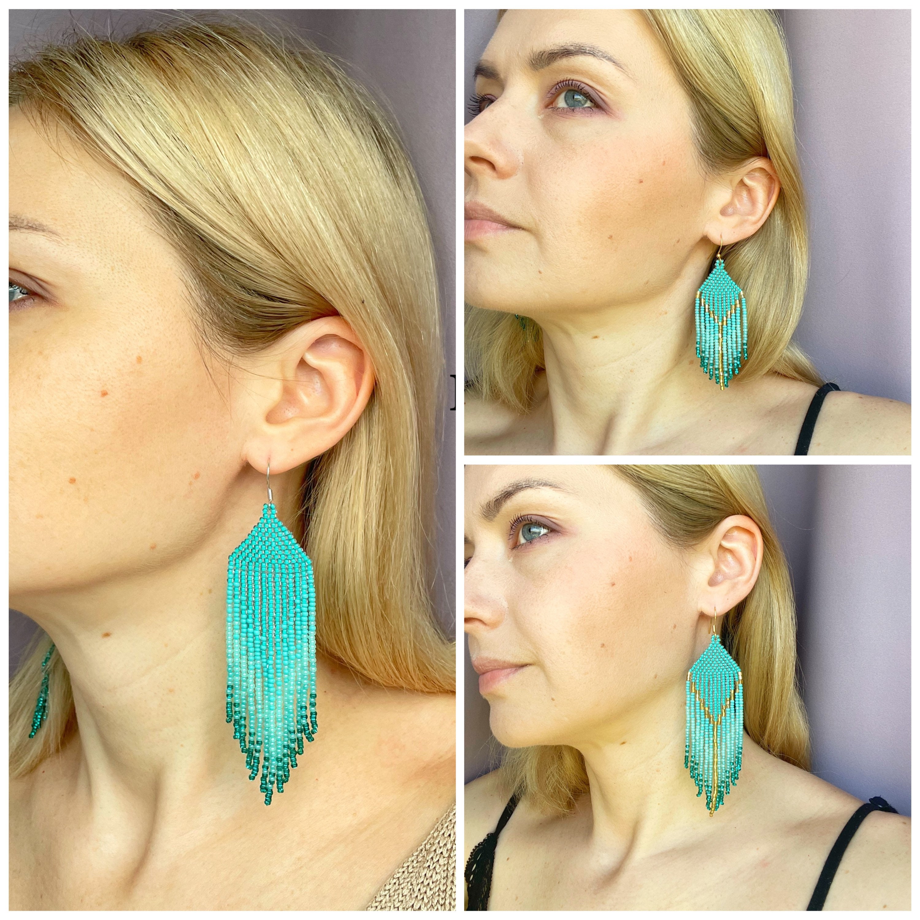 Turquoise Beaded Earrings Long Fringe Earrings Dangle Earrings - Etsy ...