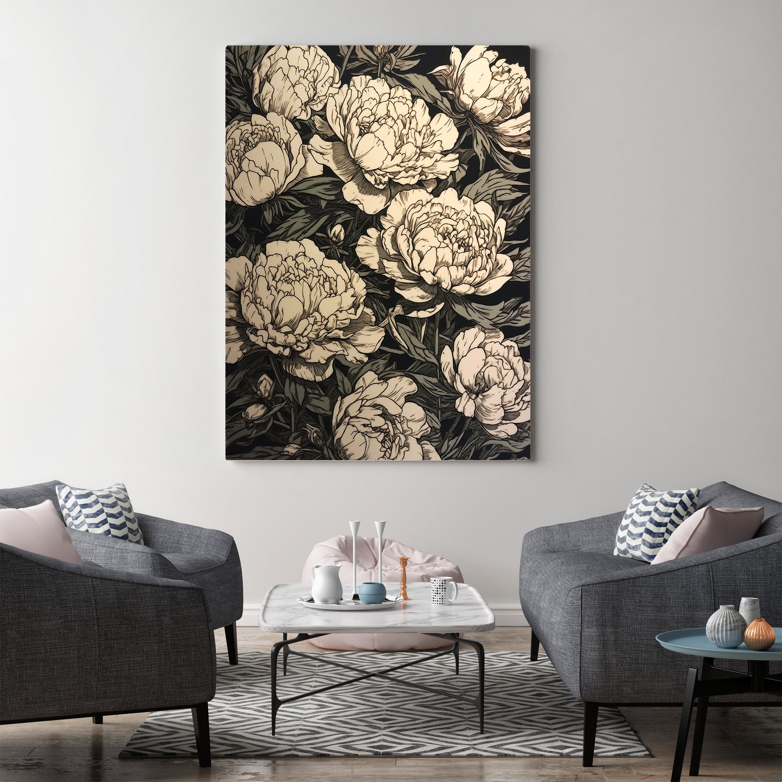 Peony Linocut Digital Download Bouquet of Peonies Art Flower Market Ink ...