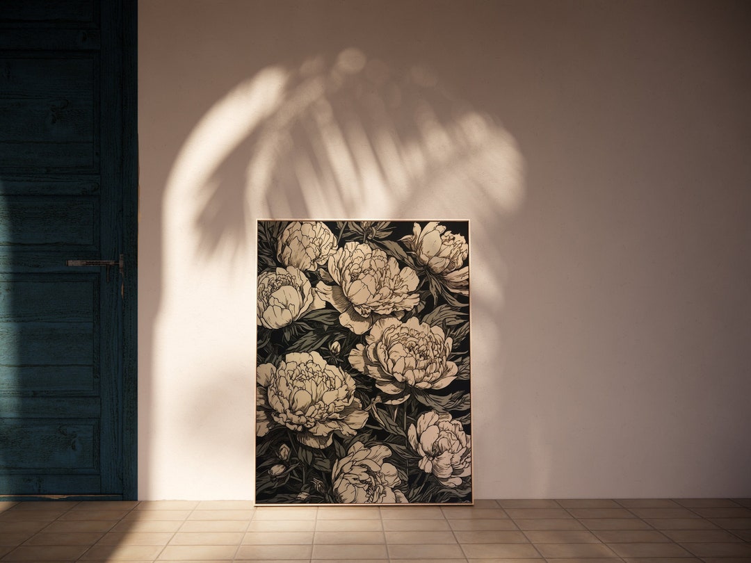 Peony Linocut Digital Download Bouquet of Peonies Art Flower Market Ink ...