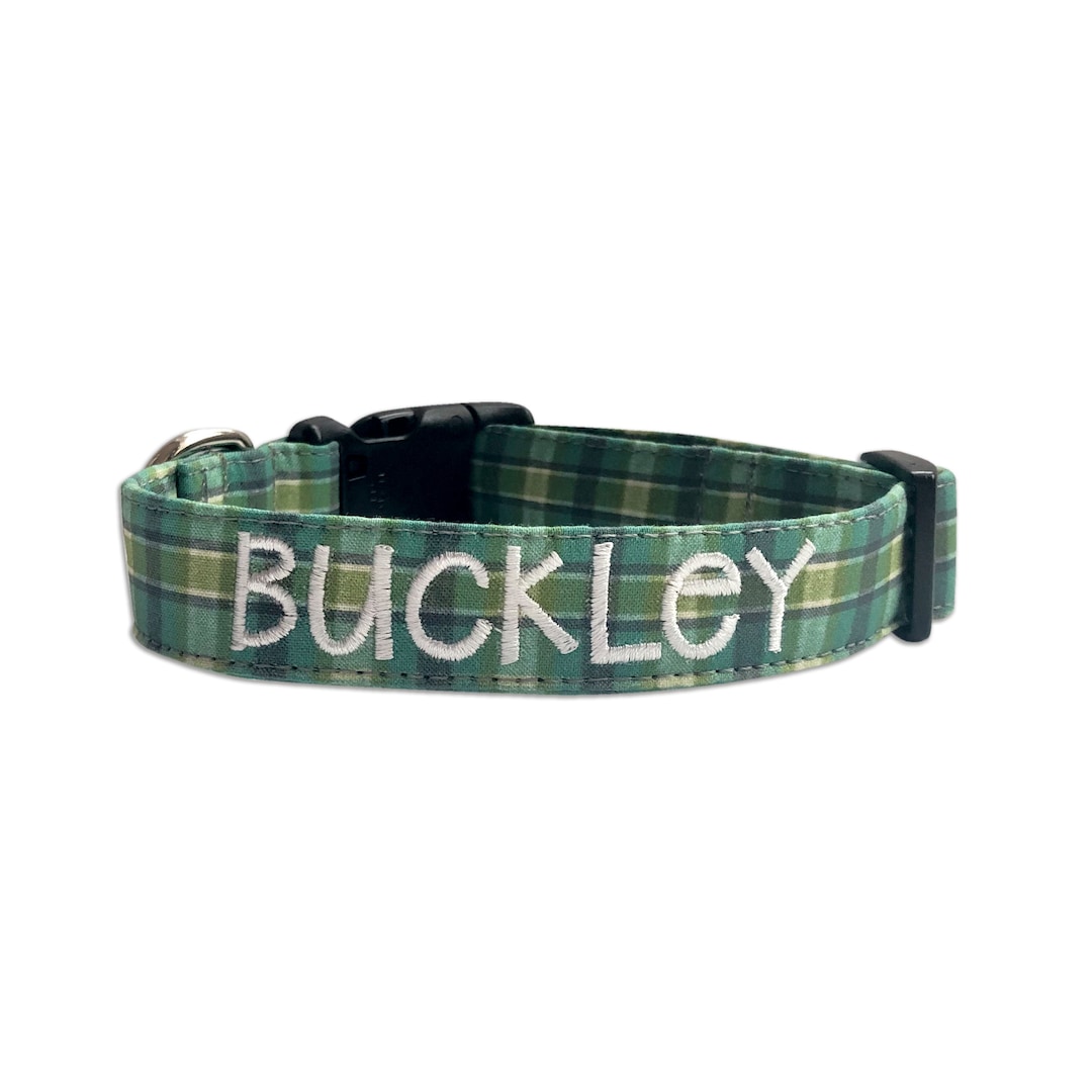 Green Plaid Dog Collar, Embroidered Dog Collar, Personalized Dog Collar ...
