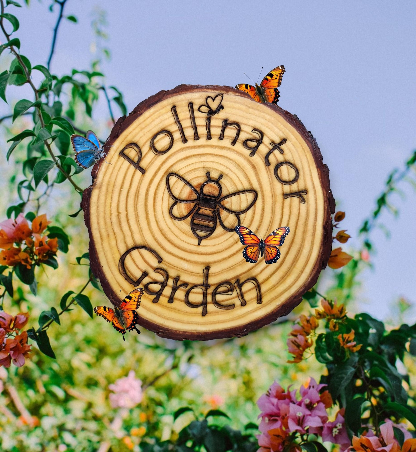 Pollinator Sign - Custom Raw Edged Wooden Garden Decor Bee or Butterfly ...