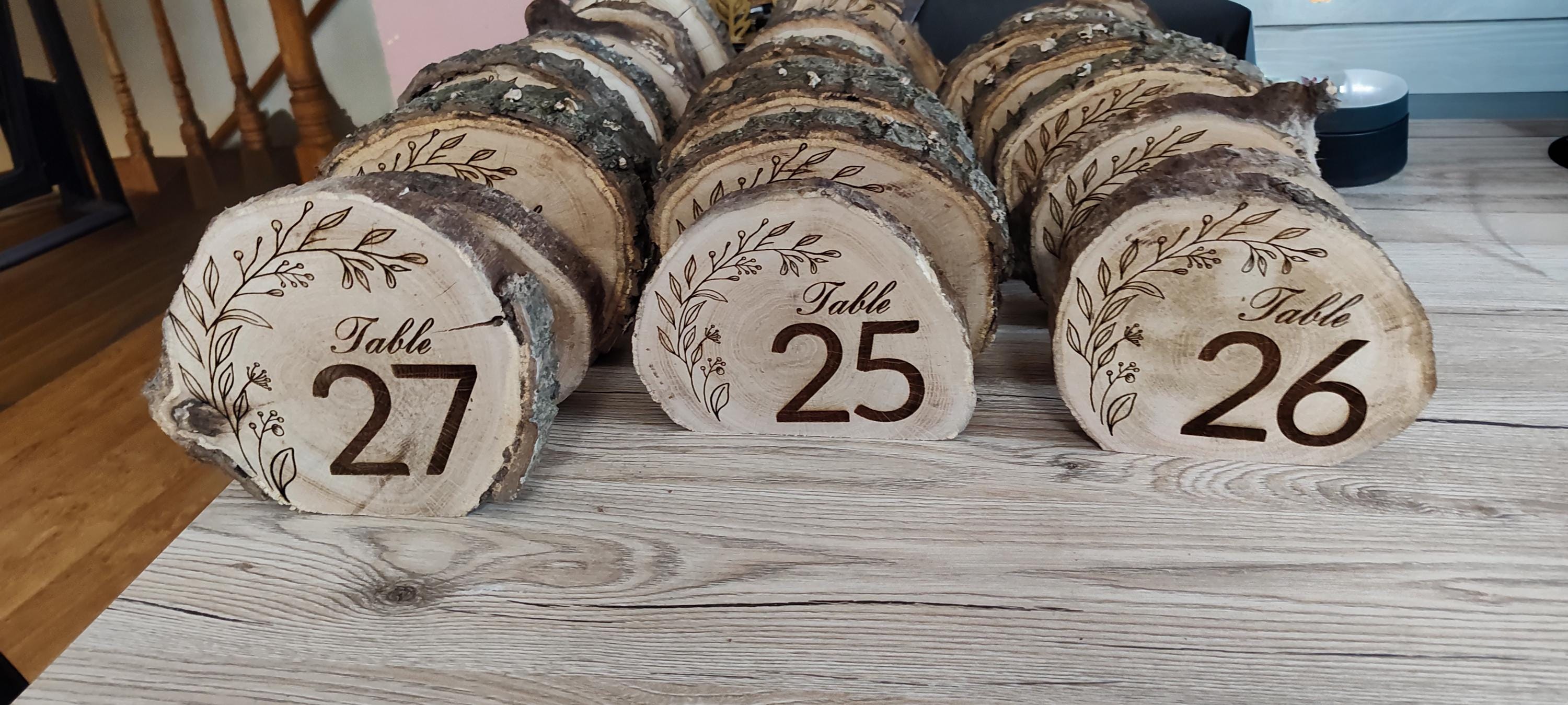 Rustic Wood Table Number(s) – Raw Edge Engraved Floral Disks for Events ...