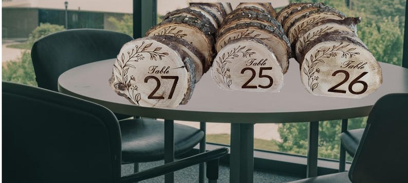 Rustic Wood Table Number(s) – Raw Edge Engraved Floral Disks for Events ...