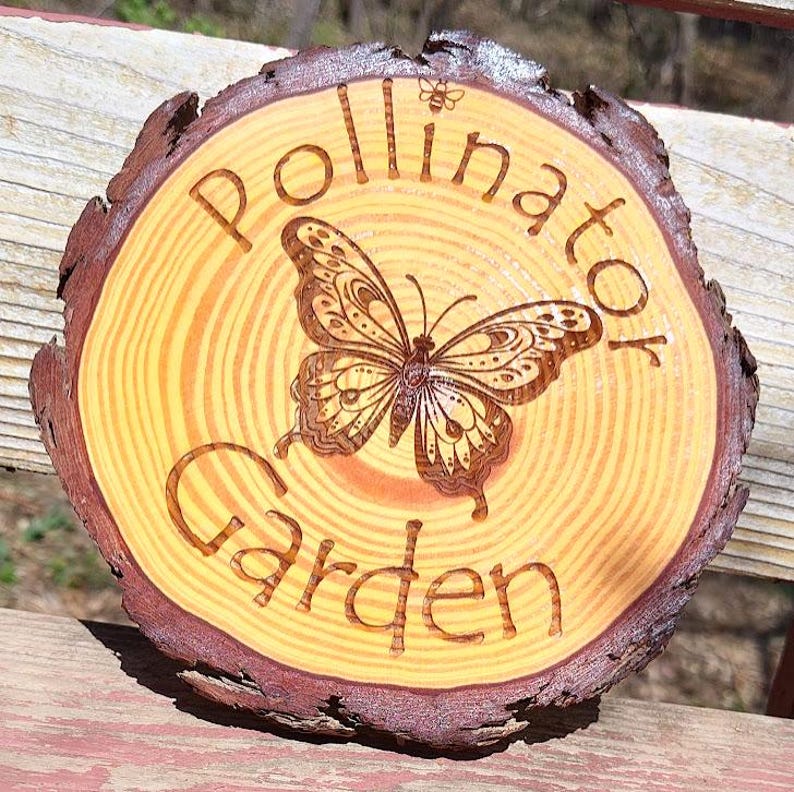 Pollinator Sign - Custom Raw Edged Wooden Garden Decor Bee or Butterfly ...