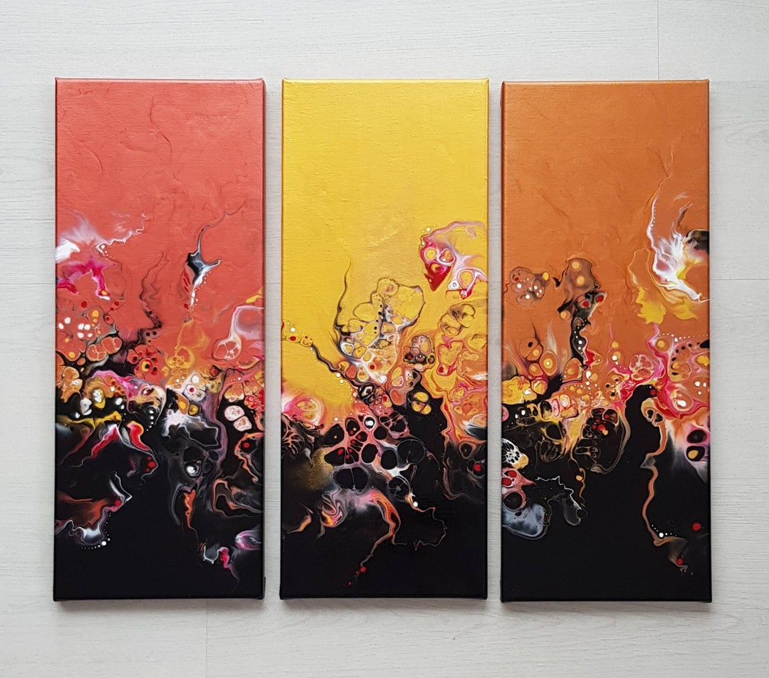 Metallic Trio: Abstract Acrylic Dutch Pour Triptych - 20x50cm Original ...