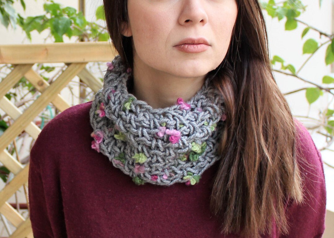 Hand Knit Gift Snood Knit Circle Cowl Gray Crochet Neck - Etsy