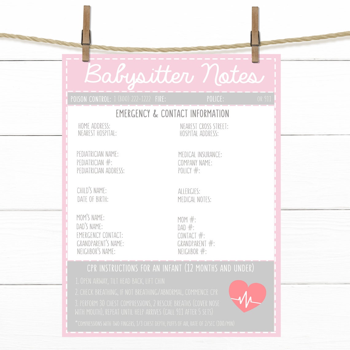 PRINTABLE INFANT Pink Emergency Contacts & Schedule - Etsy