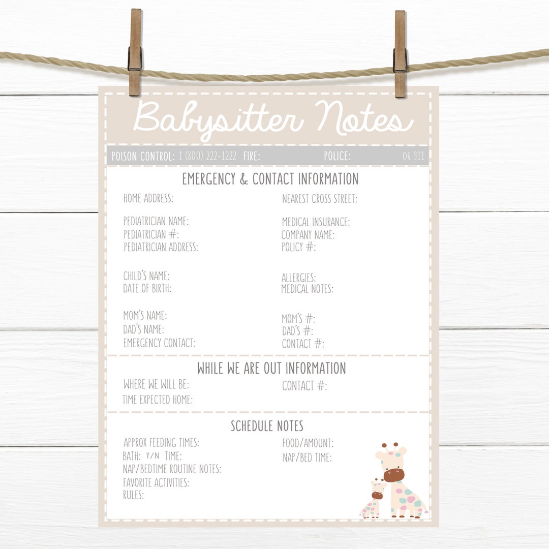 PRINTABLE- Cute BABYSITTER NOTES- Beige - Emergency Contacts- Single ...