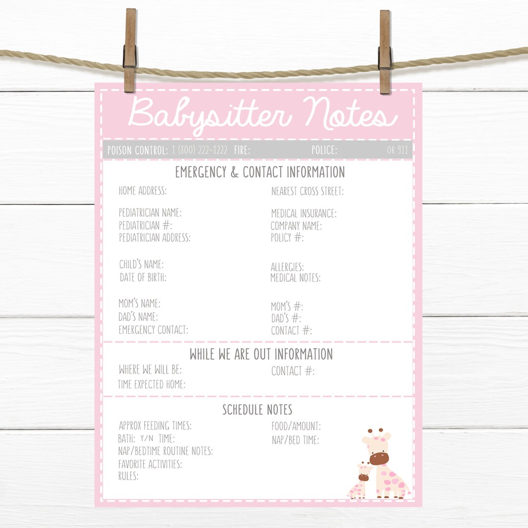 PRINTABLE- Cute BABYSITTER NOTES- Pink - Emergency Contacts- Single ...