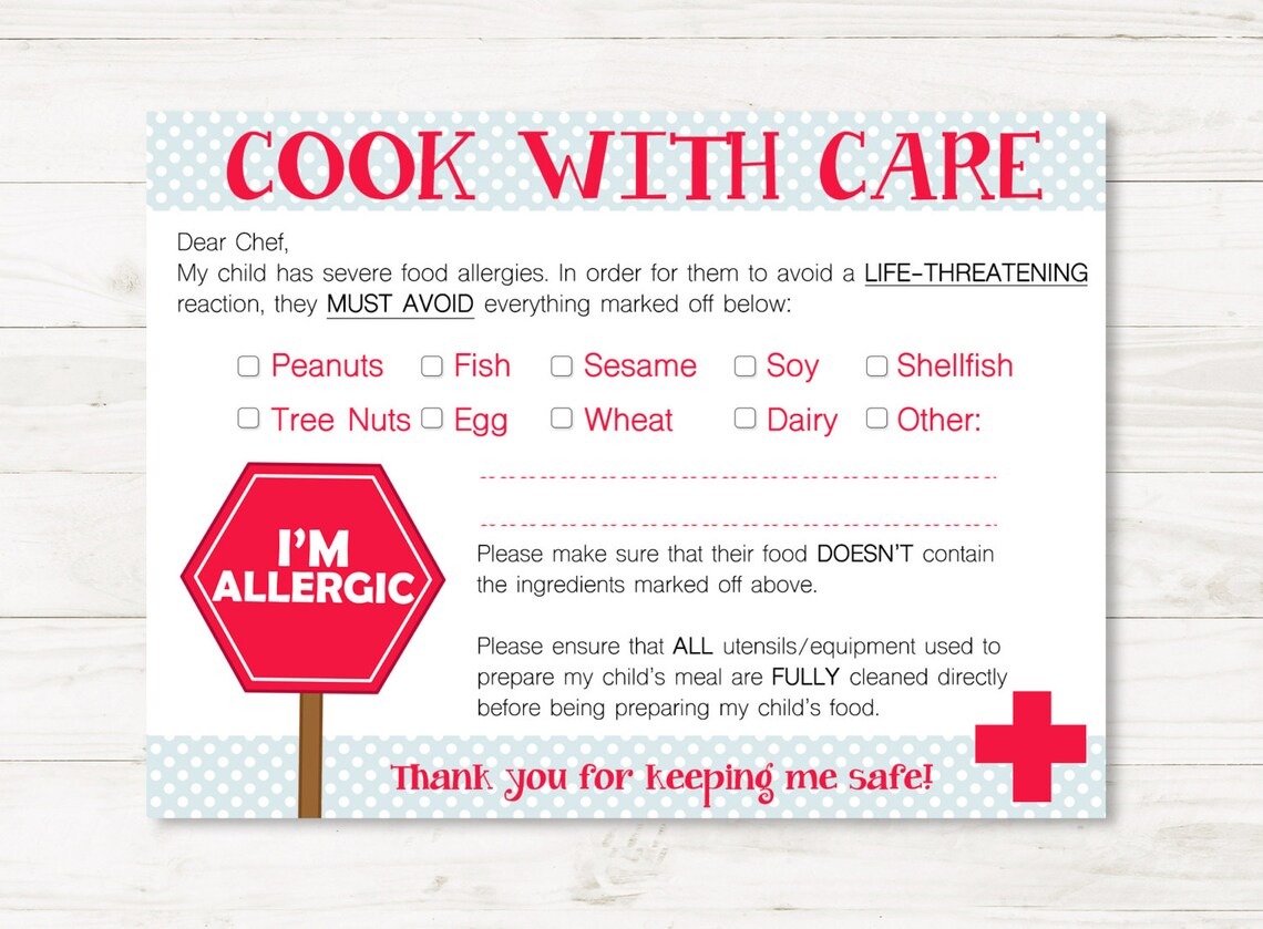 Multiple Allergies Chef/restaurant Cards for Child- Medical Alert ...
