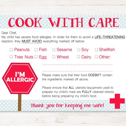Multiple Allergies Chef/restaurant Cards for Child Medical - Etsy