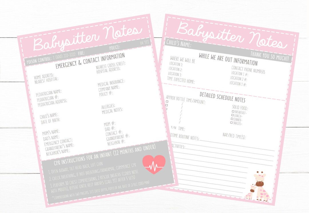 PRINTABLE- INFANT Pink Emergency Contacts & Schedule Information ...