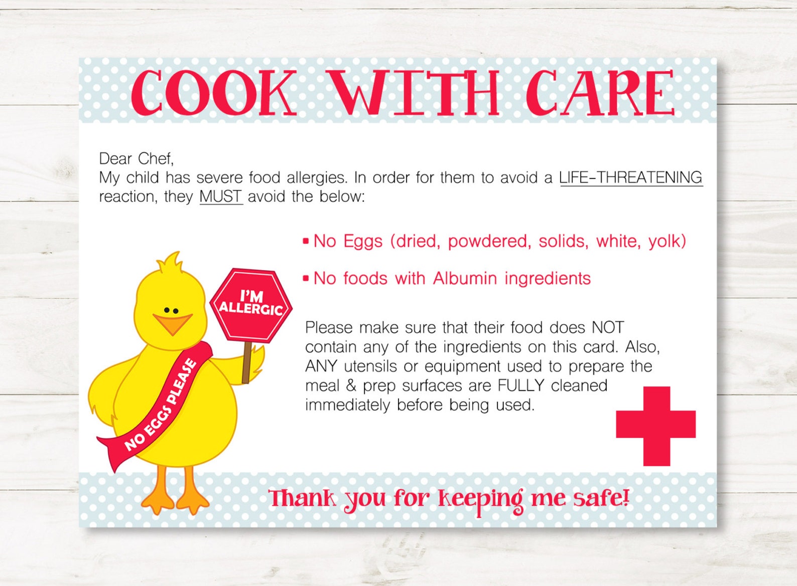 Egg Allergy Chef/restaurant Cards for Child- Medical Alert Dining Card ...