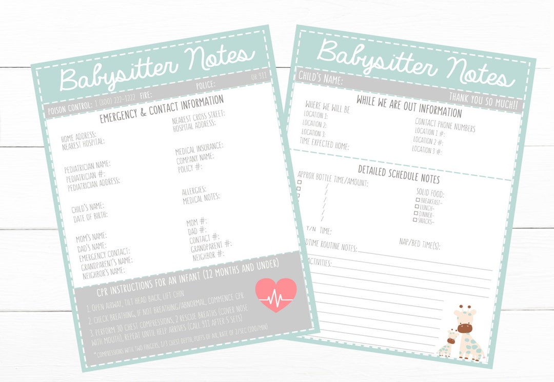 PRINTABLE- INFANT Teal Emergency Contacts & Schedule Information ...