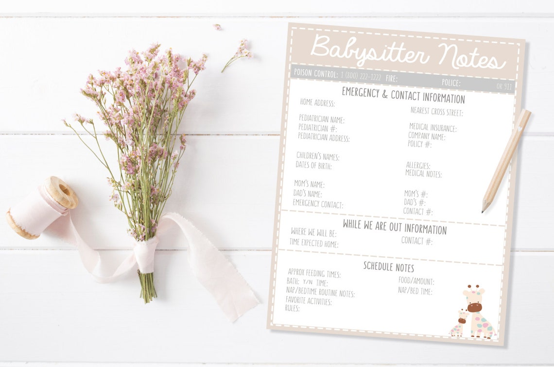 PRINTABLE Cute BABYSITTER NOTES Beige Emergency Contacts - Etsy
