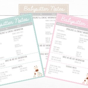 PRINTABLE- Cute BABYSITTER NOTES- Teal - Emergency Contacts- Single ...
