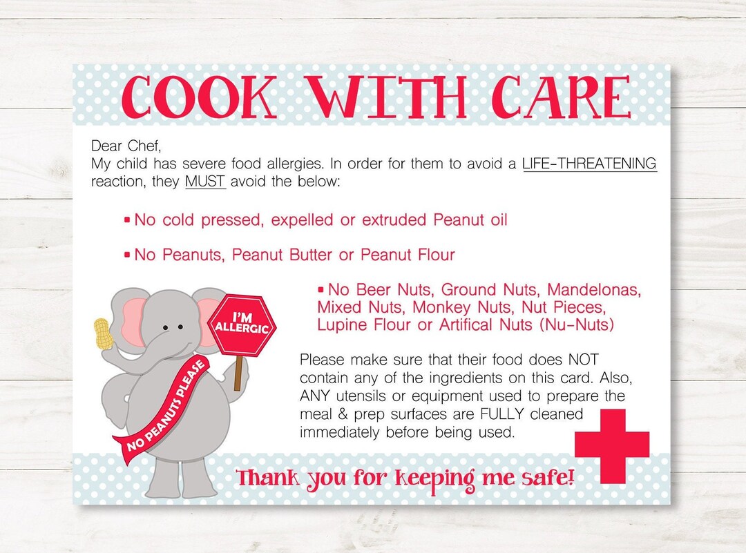Peanut Allergy Chef/restaurant Cards for Child- Medical Alert Dining ...
