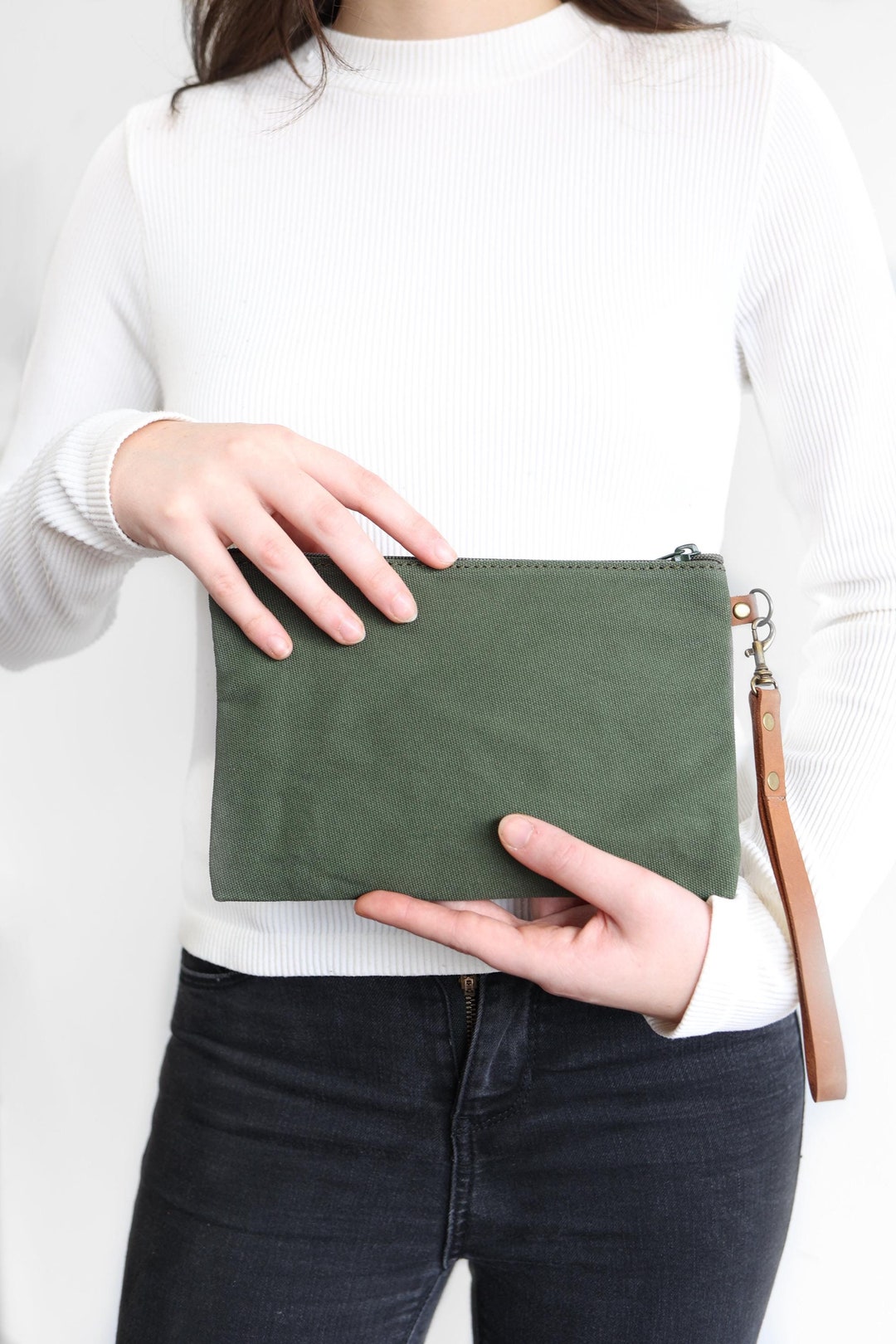 Canvas Clutch/zippered Pouch | Green or Tan Handmade Cotton Wristlet ...
