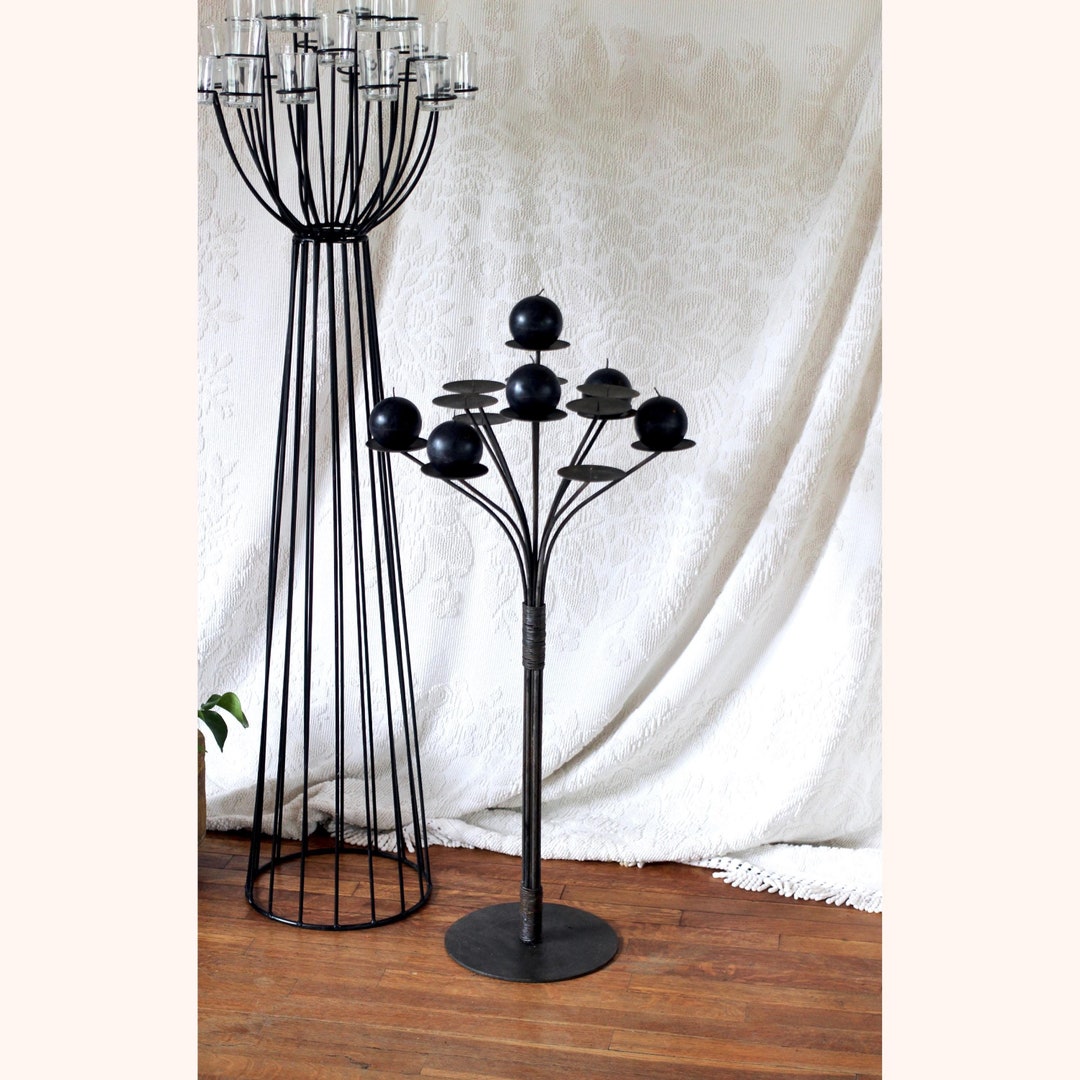 Postmodern Black Wrought Iron Tree Stand Candleholders - Pillar ...