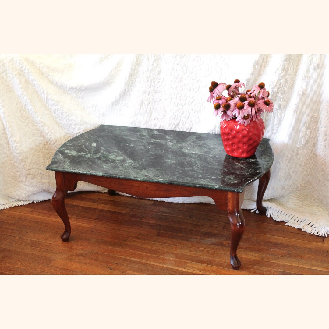 Green Marble Coffee Table With Queen Anne Style Legs Midcentury Low ...