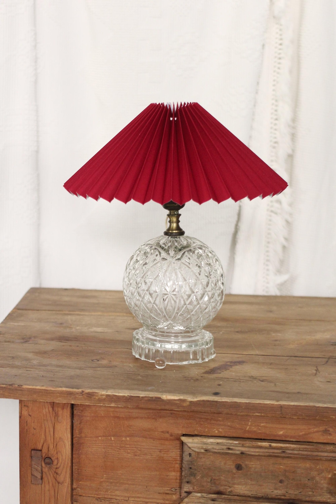 Cut Glass Orb Table Lamp With Red Pleated Shade - Table Lamp - Sphere ...