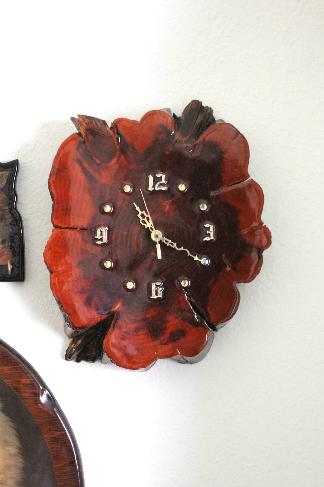 Live Edge Cypress Clock Red Wood Clock Lacquered Clock 1970s Clock Gold ...